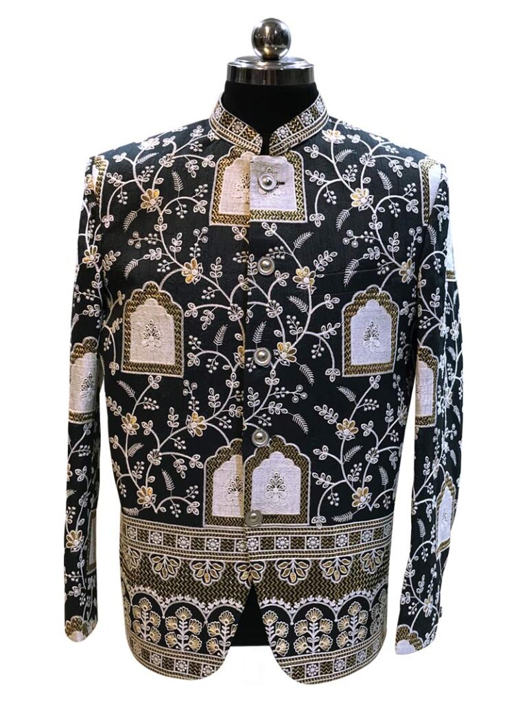 Black Raw Silk Embroidery Jodhpuri Suit | Mubarkaan Store