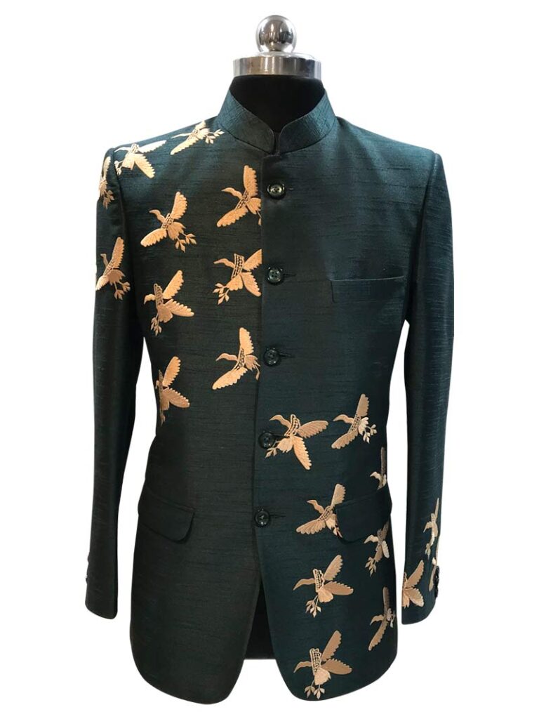 Dark Green Raw Silk Embroidery Jodhpuri Suit | Mubarkaan Store
