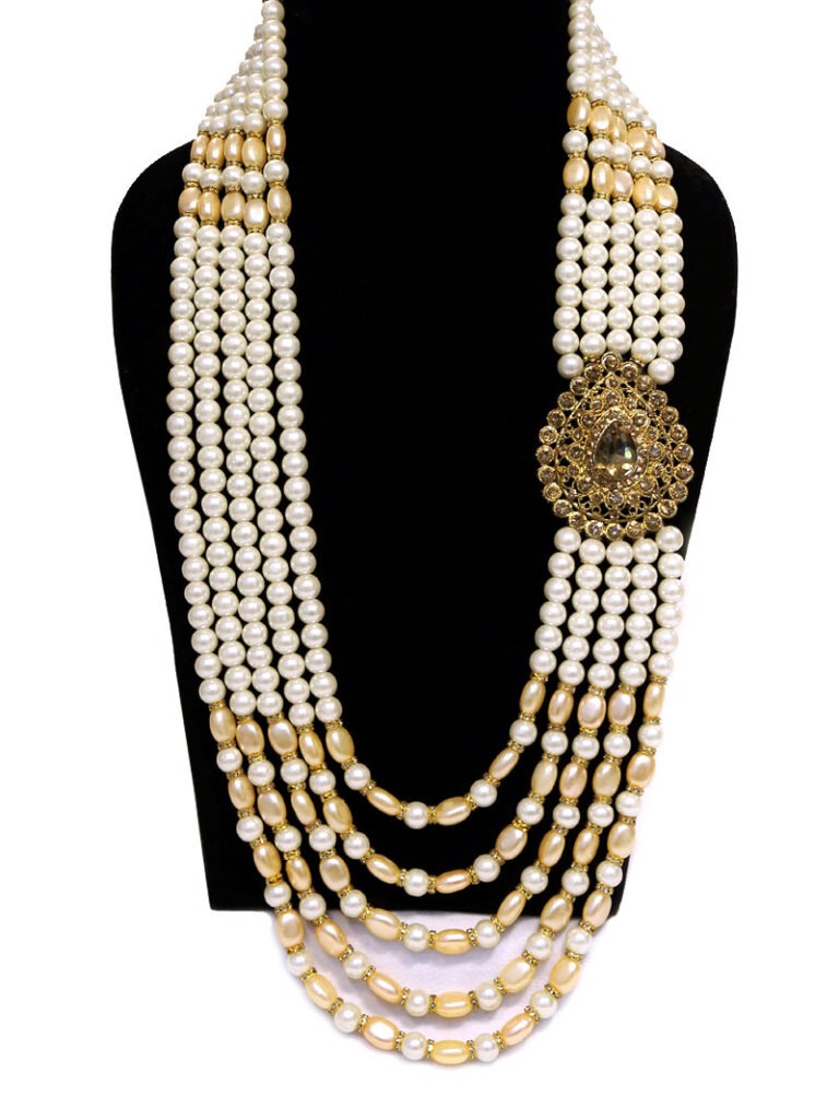 Gold Toned Multi Layered Pearl Mala With Kundan Centre Piece ...