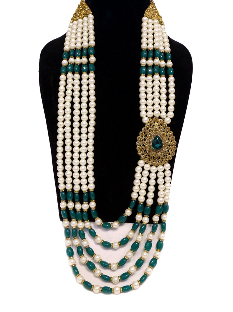 Layered Ivory And Peacock Green Beaded Mala | Mubarkaan Store