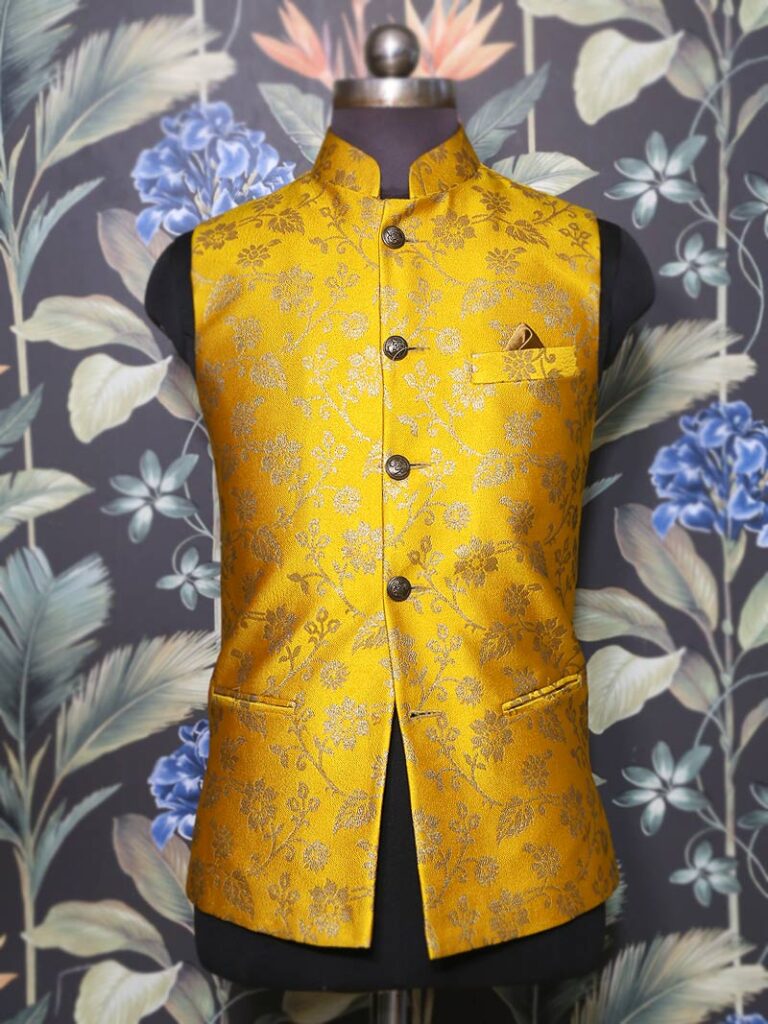 Yellow Floral Printed Waistcoat | Mubarkaan Store